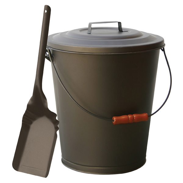 Bronze Fireplace Ash Bin with Lid and Shovel | Woodland Direct